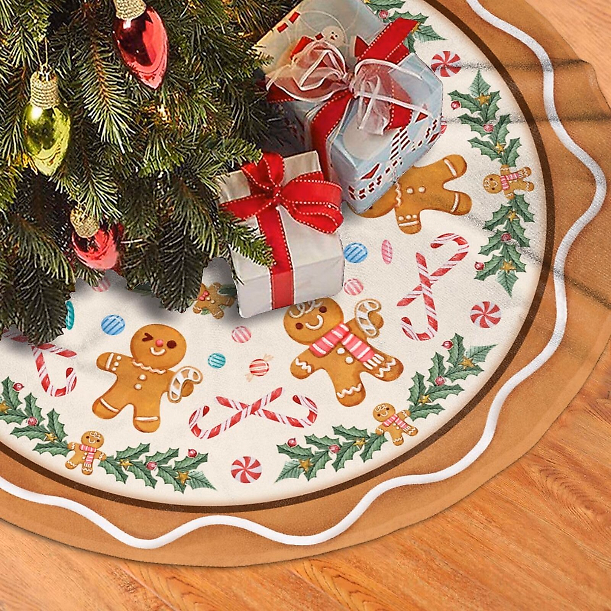 Gingerbread Man Christmas Tree Skirt Xmas Tree Mat Halloween Thanksgiving Christmas Tree Ornaments Decorations Holiday Party Indoor Outdoor 30"