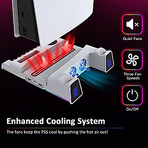 NexiGo PS5 Slient Cooling Stand with RGB LED Light, Dual Charging Station Compatible with DualSense Edge Controller, Hard Drive Slot, Headset and Remote Holders, 10 Game Slots, White