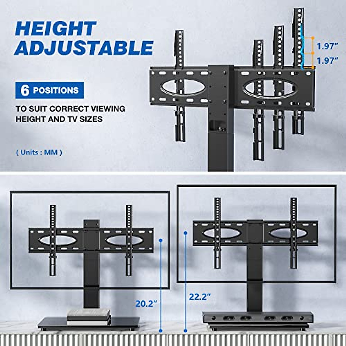 Rfiver Universal Swivel TV Stand Table Top TV Stand for 37-65,70,75 Inch LCD LED TV up to 110 lbs -Height Adjustable Center Pedestal Stand Replacement with Heavy Duty Tempered Glass Base