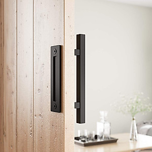 SMARTSTANDARD 10" Heavy Duty Sliding Barn Door Handle, Pull and Flush Set for Gate Kitchen Furniture Cabinet Closet Drawer, Black, Square