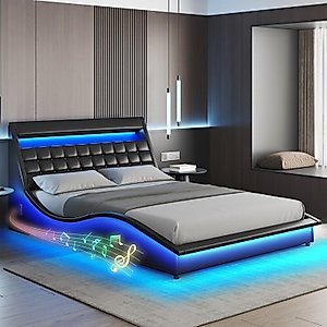Fameill Queen Size LED Bed Frame with Bluetooth Speaker, PU Leather Upholstered Platform Bed Frame with Charging Station, Wave-Like Curve Design, Easy Assembly, Noise Free, No Box Spring Needed, Black