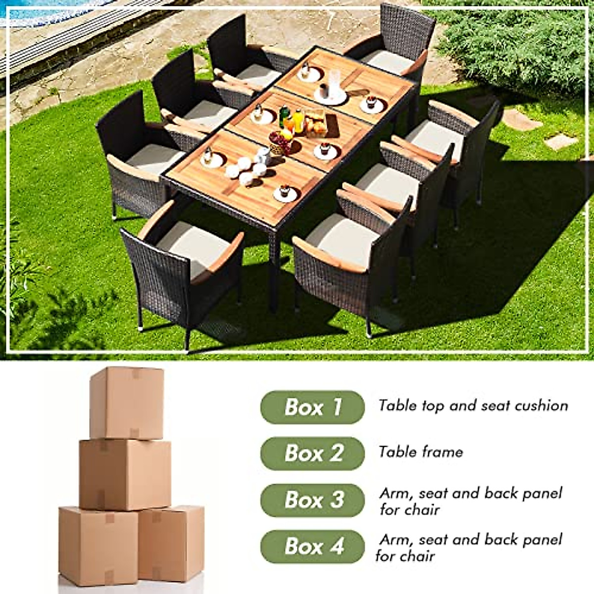GLACER 9 Pieces Outdoor Patio Dining Set, 75" Large Acacia Wood Wicker Dining Table & Stackable Cushioned Chair Set, Rattan Dining Furniture Set for Backyard, Garden, Poolside, Patio Dining Set for 8