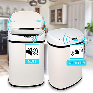 HCB Trash Can Automatic Waste Bin Mute Metal Garbage Can with Lid Stainless Steel 13 Gallon 50 Liter for Kitchen | Office | Bedroom | Bathroom | Living Room (White)