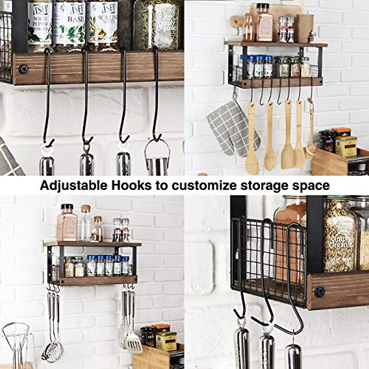 J JACKCUBE DESIGN Wall Mount Rustic Wood Floating Shelf, Coffee Mug Rack with 8 Hooks, 2 Tier Hanging Storage Shelves for Kitchen, Bathroom, and Living Room - MK455A