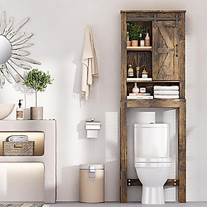 Redlife Over The Toilet Storage with Cabinet, Bathroom Storage Organizer Above Toilet with Adjustable Shelf & Sliding Barn Door, Freestanding Space-Saving Storage Rack for Bathroom (Rustic Brown)