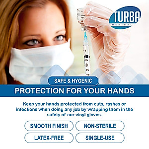 Disposable Vinyl Gloves, 100 Size Large Non Sterile, Powder Free, Latex Free - Examination Gloves, Cleaning Supplies, Kitchen and Food Safe - Ambidextrous - by Turba