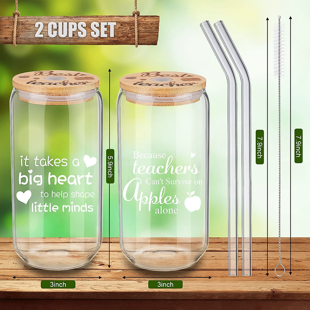 Gerrii 2 Pieces Teacher Gifts For Women Teacher Appreciation Gift Teacher Glass Cup 16 oz Drinking Glass Iced Coffee Glass Cup with Bamboo Lid and Straw