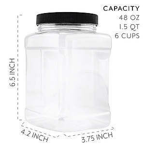 Cornucopia 48oz Square Plastic Jars (3-Pack); Clear Rectangular 6-Cup Canisters w/ Black Lids, Easy-Grip Side