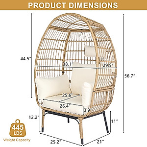 VINGLI Outdoor Egg Chair Oversized 1 Piece Egg Lounger Chair with Cushions, Wicker Egg Chair for Indoor Porch, Backyard, Living Room, Balcony, 440lb Capacity