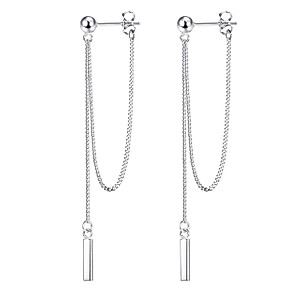 Milacolato 925 Sterling Silver Chain Earrings for Women 14K White Gold Plated Chain Dangle Bar Earrings Hypoallergenic Stud Earrings with Drop Tassel Chain for Sensitive Ears