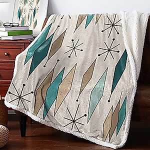 Sherpa Fleece Throw Blanket Mid Century Teal Prismatic Geometric Art Plush Warm Super Fuzzy Soft Blankets Vintage Diamond Print for Couch Bed Sofa Winter Decor 40x50In
