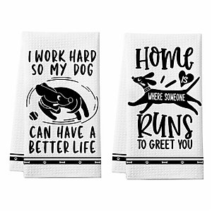 Homythe Dog Mom Gifts for Women, Black Dog Decor for Dog Lovers, 2 Pack Waffle Weave Kitchen Towels, Funny Dog Dish Towels, Farmhouse Tea Towels - Cute Birthday Christmas Housewarming Gift