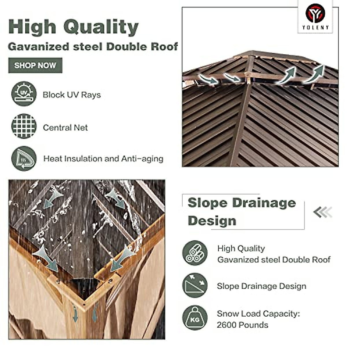 YOLENY 12' x 14' Hardtop Gazebo Wood Grain Gazebo with Galvanized Steel Double Roof, Aluminum Frame, Outdoor Patio Hardtop Gazebo with Netting and Curtains for Deck, Backyard, Patio, Lawns