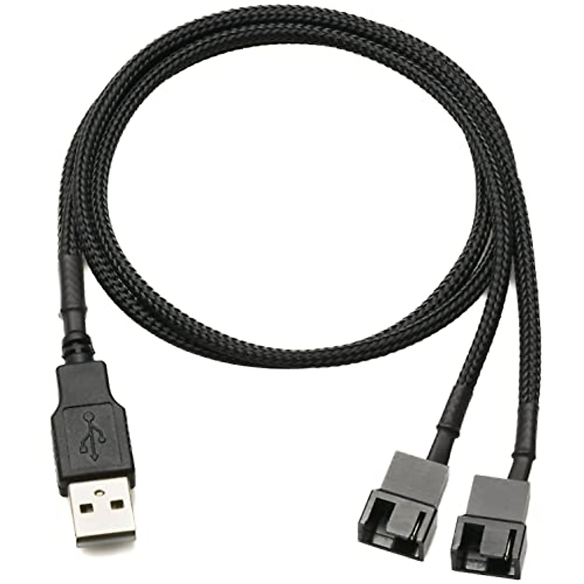 CRJ 5V USB Dual PC Fan Power Adapter Cable - 24-inch (60cm), Black Sleeved - Silent Fan Speed Adapter for Two 3-Pin & 4-Pin Computer Cooling Fans