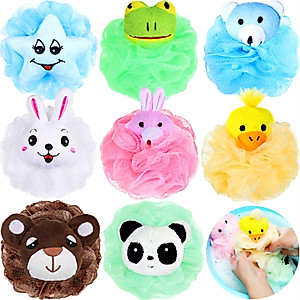 Boao 8 Pieces Bath Loofahs Animal Kids Bath Sponges Pouf Mesh Animal Toy Loofah Bath Colorful Cartoon Body Scrubber Balls Shower Mesh for Boys Girls Adults