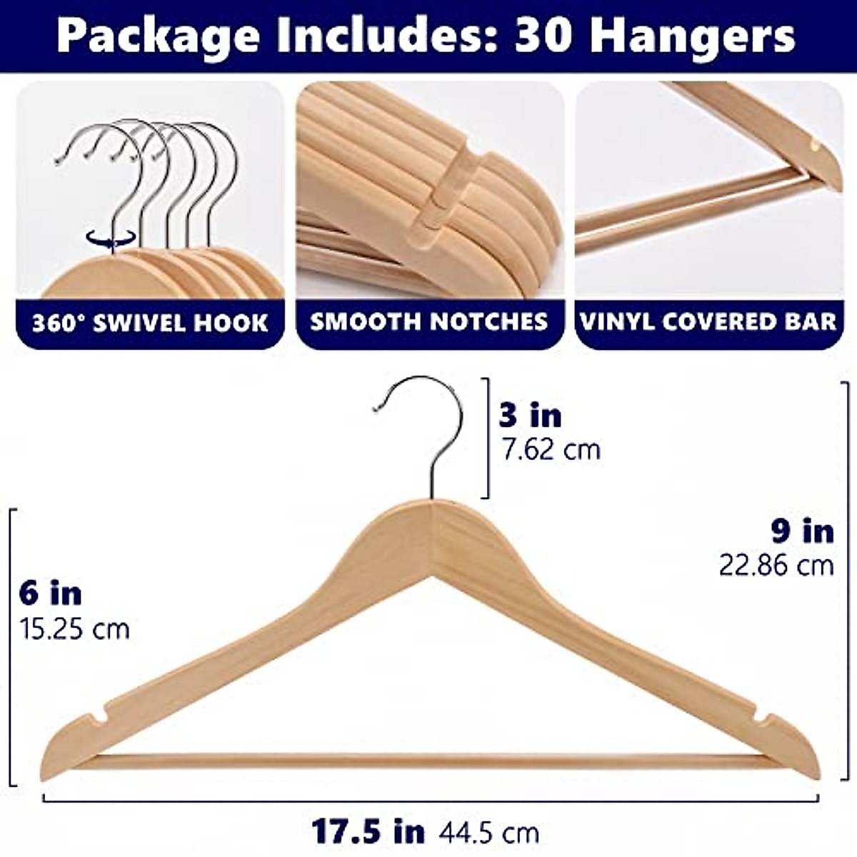 Amber Home Solid Wood Suit Coat Hangers 30 Pack, Smooth Natural Finish Wooden Dress Hangers with Non Slip Pant Bar, Clothes Hangers with 360 Swivel Hook & Notches for Jacket, Pant, Shirt (Natural, 30)