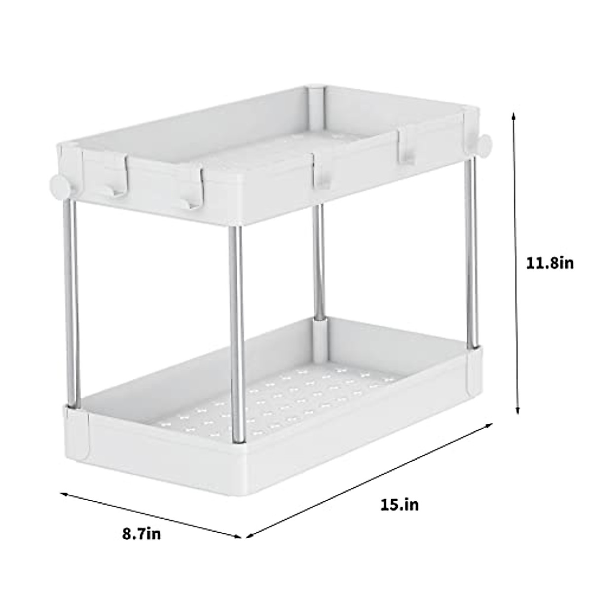 2 Pack Under Sink Organizer And Storage, 2 Tier Bathroom Cabinet Storage Rack with 12 Hooks,Multi-purpose Organizer And Storage For Kitchen Countertop Bathroom Cabinet (White)