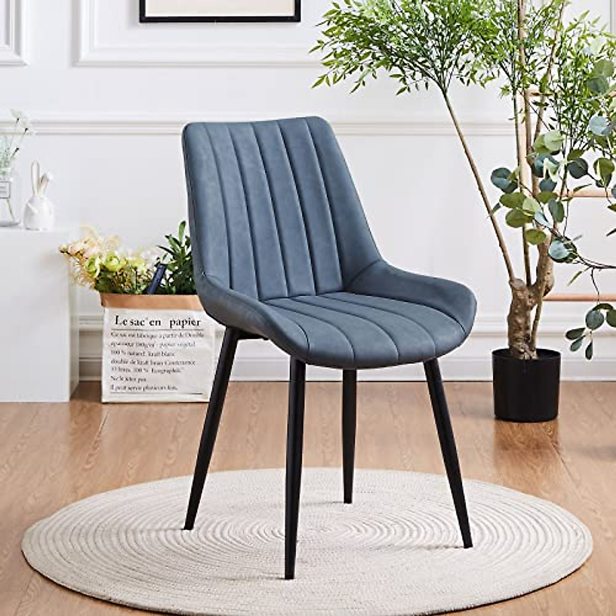 TUKAILAi Faux Leather Dining Chairs Set of 2, Modern Linear Design Kitchen Chairs with Upholstered Seat and Metal Legs, Comfy Leisure Chairs for Lounge Living Room Reception Restaurant (Blue)