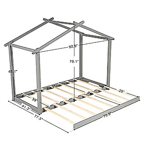 OPTOUGH Wooden Bed Frame, Twin XL/King Size House Platform Bed with Trundle, Roof Design for Adults, Kids, No Spring Box Required, Bedroom Furniture, Gray