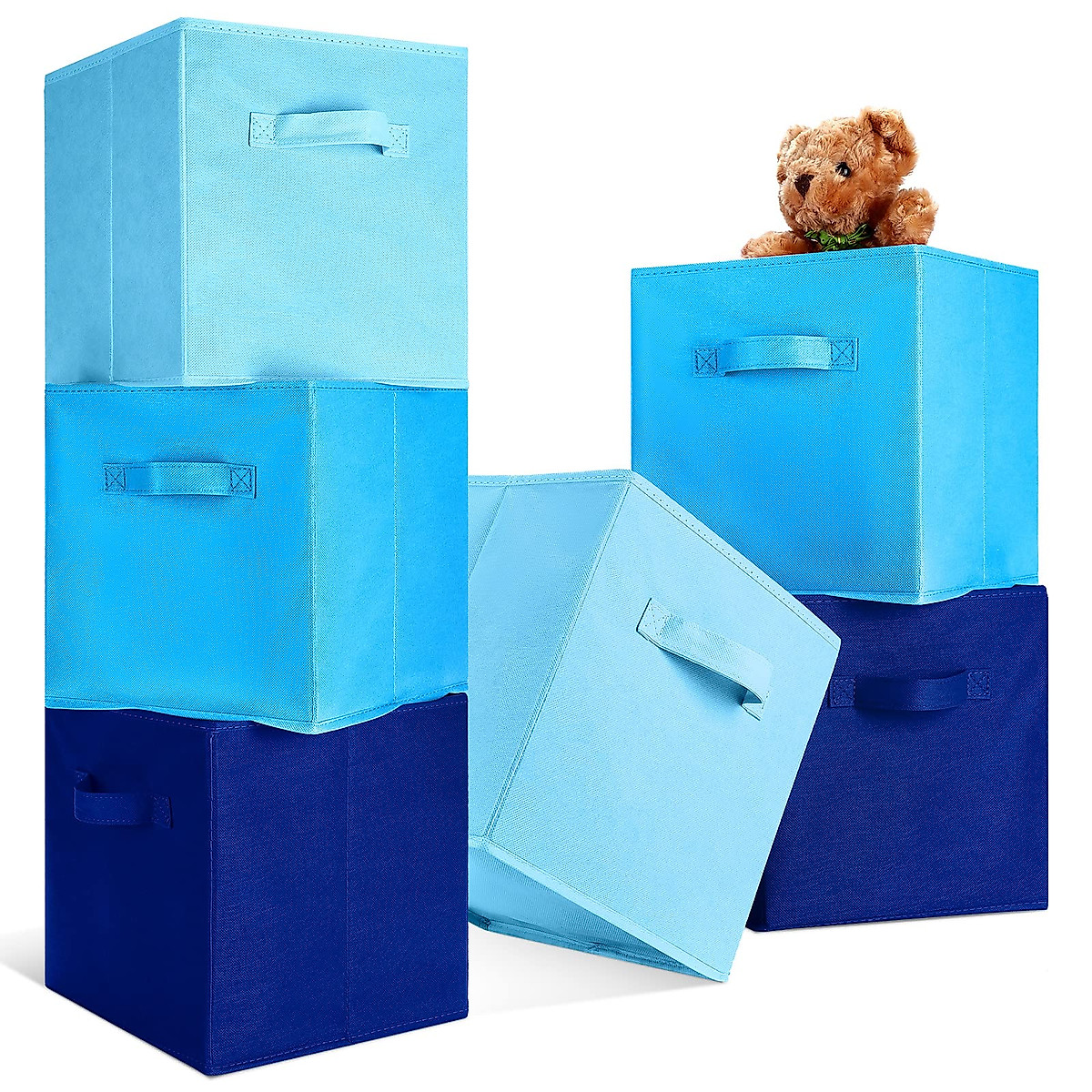 Karenhi 6 Pcs 11 x 10.5 x 10.5 Inch Fabric Storage Bins Toy Storage Cubes Organizer with Handles Foldable Shelf Cube Baskets for Home Kids Room Closet Cubby Toy Cloth(Blue)