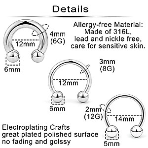 Ftovosyo Good Weight for Ear Gauges Earrings 6G 8G 12G 12mm/14mm PA Ring Internally Threaded Ball Horseshoe Barbells Large Septum Ring Surgical Steel Pierced Body Jewelry for Women Men