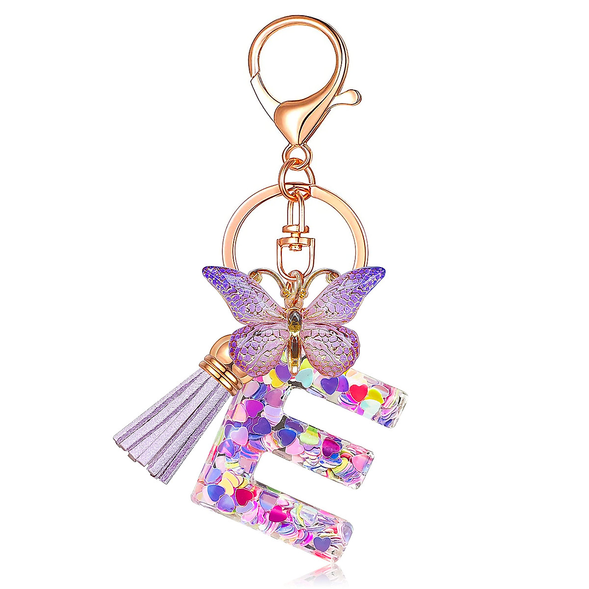 JINGUAZI Initial letter Keychains for Women Tassel Butterfly Pink Cute Car Keychain for Wallet Purses Backpack (Purple E)
