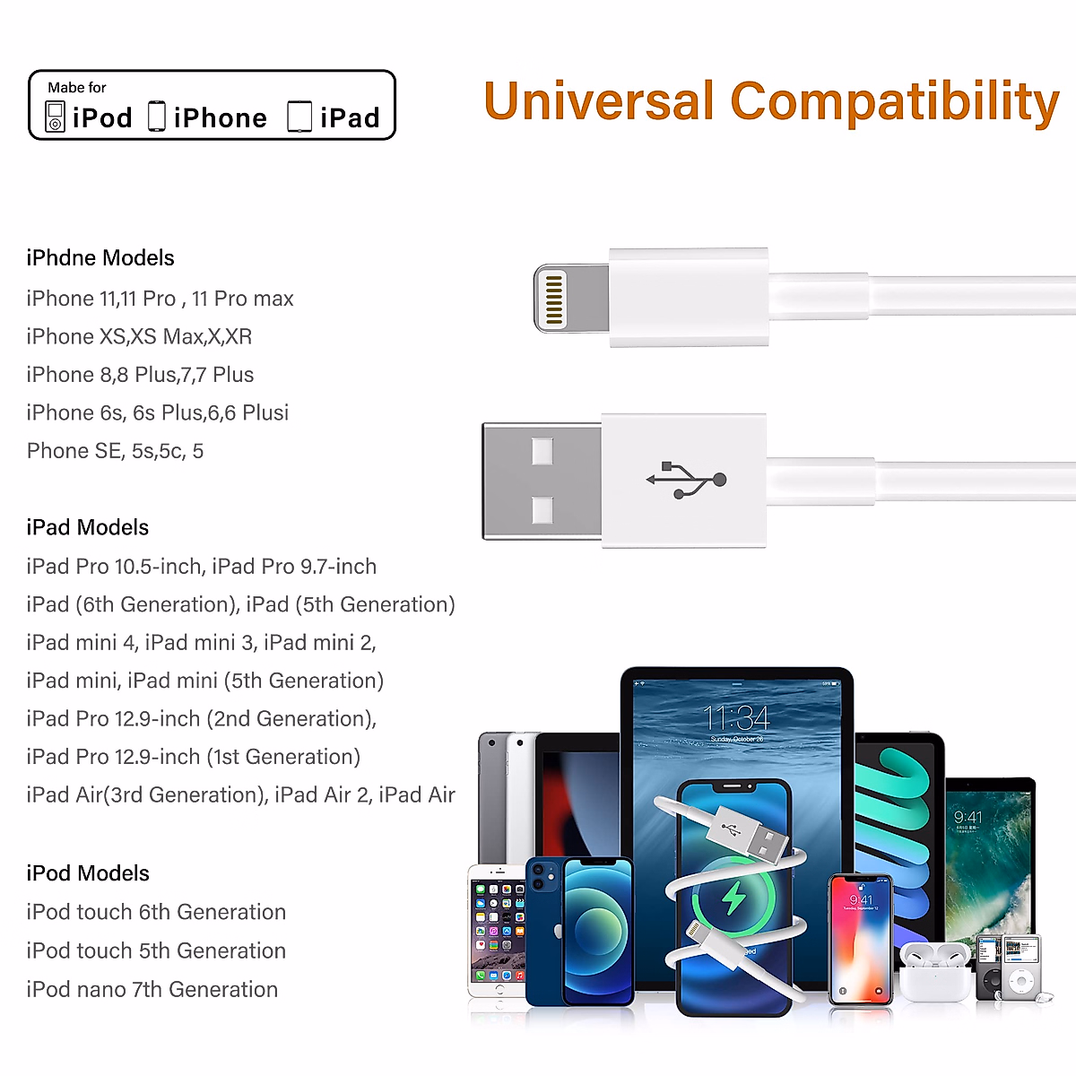 [Apple Certified] iPhone Charger 1 ft 5 Pack, Lightning to USB Cable 1 Foot, Long Fast iPhone Charging Cables Cord for iPhone 13 Pro Max/12 Mini/11/XR/Xs/X/8/7/6/iPad Pro/Air/Mini-1Feet White
