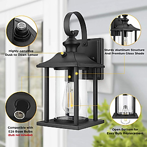 2-Pack Dusk to Dawn Sensor Outdoor Wall Lantern, Exterior Wall Mount Light Fixture with E26 Base Socket, 100% Anti-Rust Aluminum Waterproof Porch Light, Clear Glass Matte Black Wall Sconce for Doorway