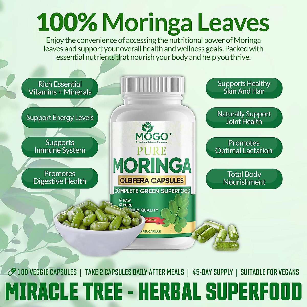 MOGO Organic Moringa Powder Capsules,180 Ct | Moringa Supplement for Energy, Immunity & Joint Health, Our Moringa Capsule Made with Pure Moringa Powder Organic,Vegan and Non GMO.