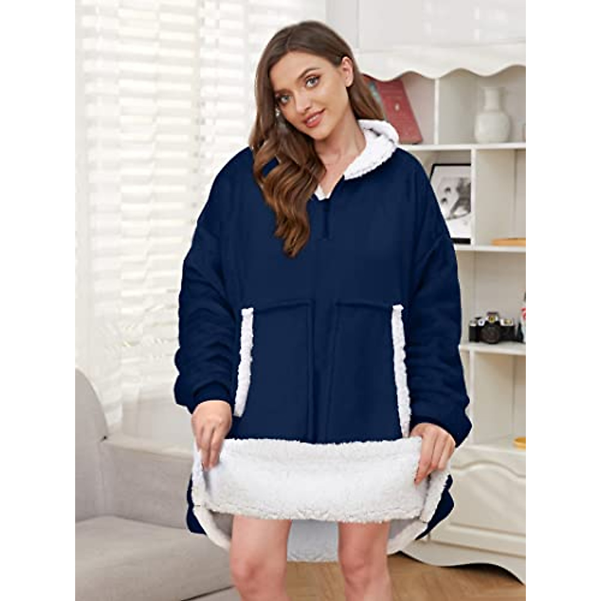 Lushforest Blanket hoodie, Oversized Wearable Blanket Hoodie Adult, Sherpa Fleece Hoodie Blanket Sweatshirt Throw with Zip for Women Men Dark Blue