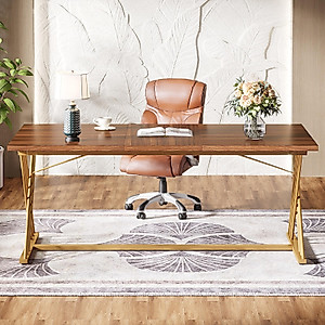 Tribesigns 63" x 31.5" Large Computer Desk, Modern Wood Home Office Desk, Computer Table Executive Desk, Study Writing Table Workstation for Living Room Bedroom Office, Brown + Gold Metal Frame