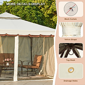 Erommy 10' x 12' Outdoor Canopy Gazebo, Double Roof Patio Gazebo Steel Frame with Netting and Shade Curtains for Garden, Patio, Party Canopy, Cream