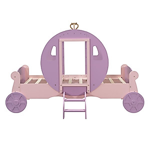 Twin Size Princess Carriage Bed Frame for Boys Girls Kids Toddler with Crown, Wood Platform Car Bed with Stair, Purple+Pink