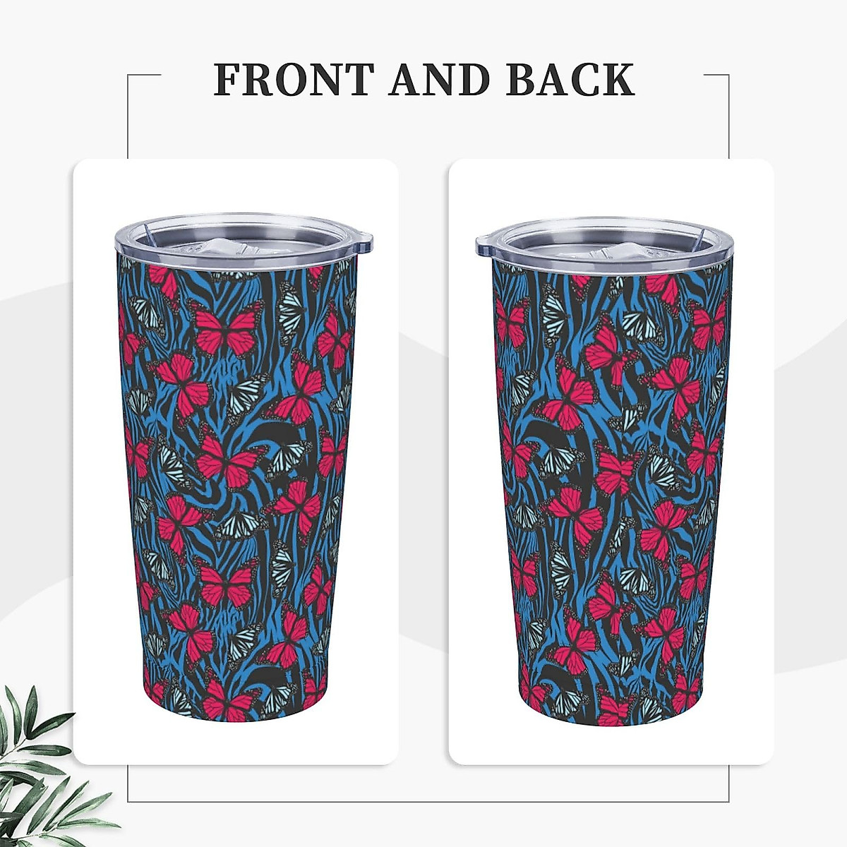 20oz Tumbler Red Butterfly Pattern Double Wall Vacuum Insulated Coffee Mug with Lid and Metal Straw Brush Reusable Stainless Steel Water Bottle Travel Cup Gifts for Car Ice Drinks Hot Beverage