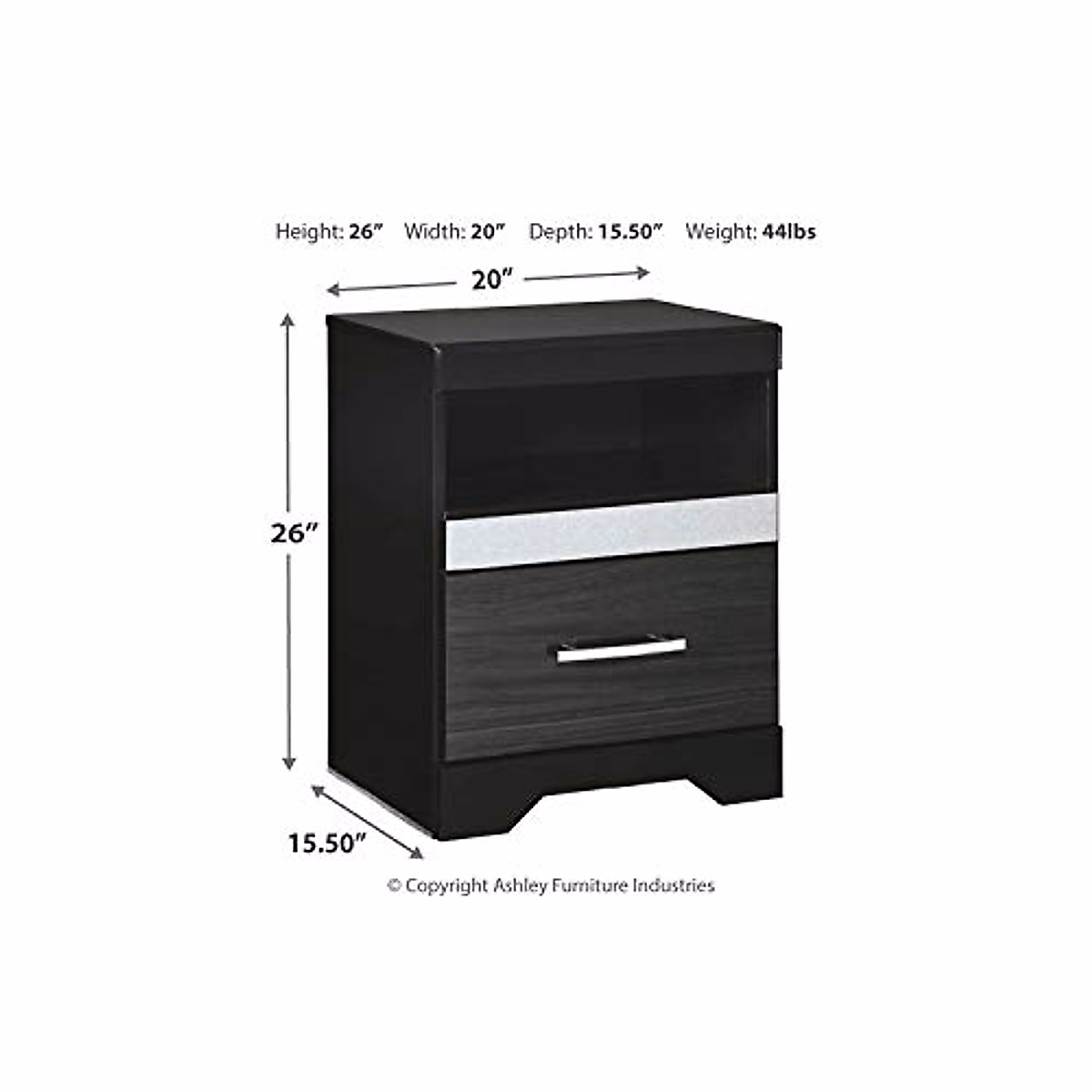 Signature Design by Ashley Starberry Glam 1 Drawer Nightstand with 2 Slim-Profile USB Charging Stations & Silvertone Glitter Accents, Black