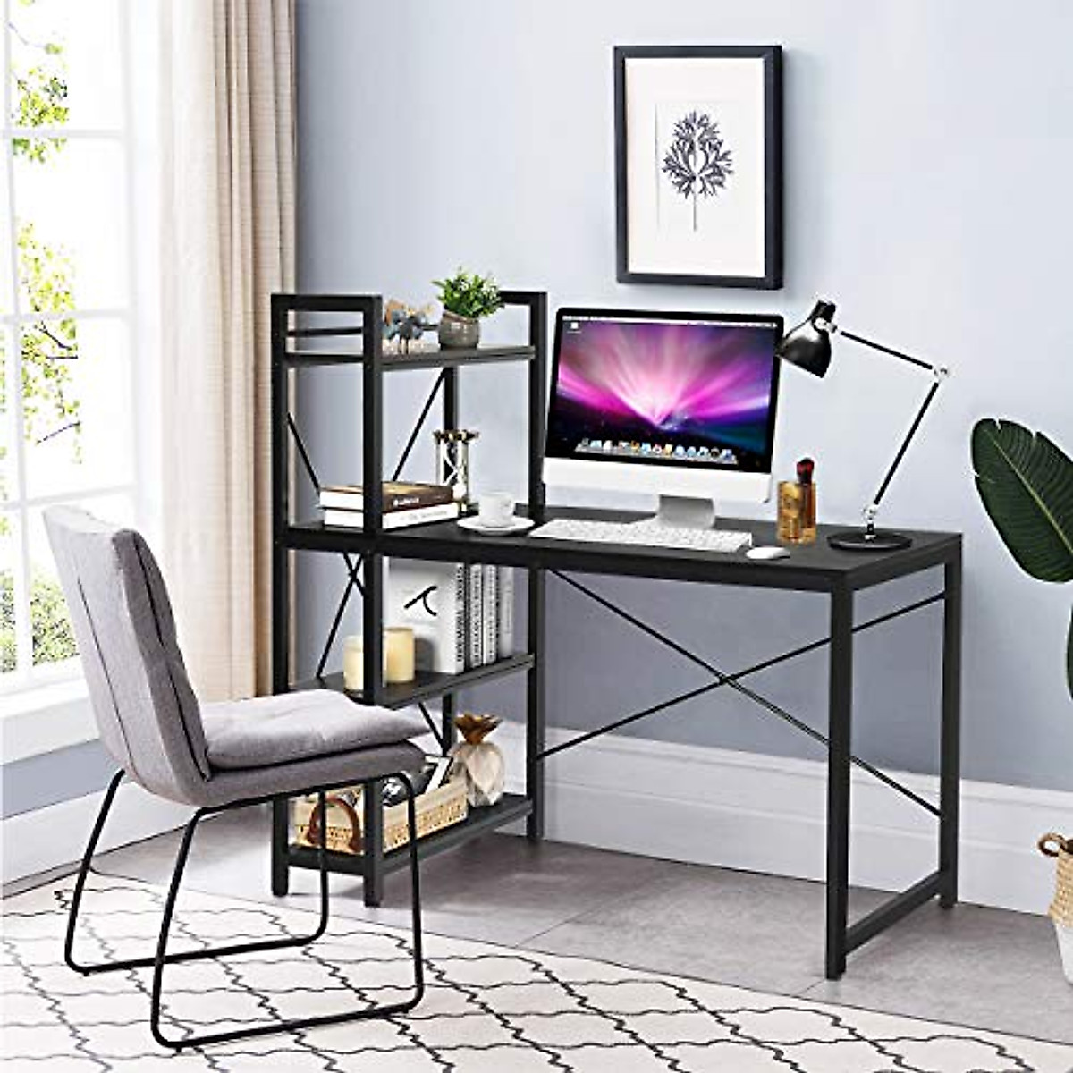 HAPPYGRILL Computer Desk with 4-Tier Bookshelves Writing Study Table Workstation with Tower Storage Shelves for Home Office