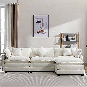112.2" Modular Sofa Couch for Living Room, 3-Seater Comfy Chenille Cloud Couch with Ottoman/Chaise & 5 Pillows for Living Room Bedroom Office Apartment,Beige