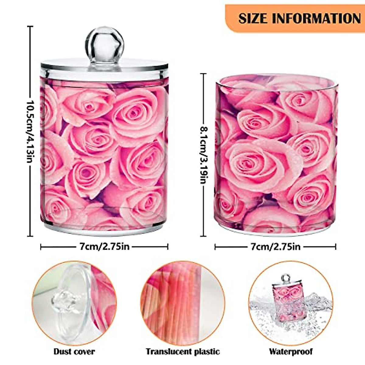 ALAZA 2pcs Vintage Flower Pink Rose Qtip Holder Dispenser 14 oz Bathroom Storage Clear Apothecary Jars Containers Cotton Ball,Cotton Rounds,Floss Picks, Hair Clips, Food