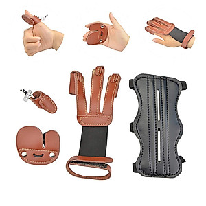 SHARROW Archery Protector Set Glove 3 Finger Guard Leather Arm Guard Bracers Finger Tabs Thumb Ring Finger Protector Protective Gear Set for Compound Bow Recurve Bow Shooting Hunting