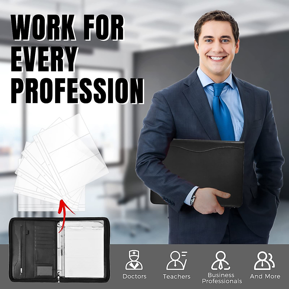 Sbrinnaliao 3-Ring Padfolio Portfolio Binder Organizer,PU Leather Folder Binder Business Planner Notebook Zippered Portfolio for Women/Men with Document Sleeve,Letter/A4 Size Clipboard