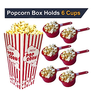 ViziY 32 Popcorn Boxes Red and White Striped-Retro Vintage Paper Movie Night Design-Theater Container Cup Holder-Carnival Party Decorations-Bottom Insert Card Helps Prevent Leaks Bonus-Emoji Stickers