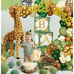 Baby Boxes Safari Baby Shower Decorations for Boy Girl, Safari Balloons Arch Kit with Green Jungle Baby Boxes,Green and Brown Animal Print Balloons for Dinosaur Safari Birthday Decorations for Boys
