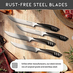 Bellemain Serrated Steak Knife Set | Stainless Steel Kitchen Knife Set, Meat Knife for Table | Sharp Knife Set, Dinner Knives, Gourmet Steak Knives, Black Knife Set | Serrated Steak Knives - Set of 6