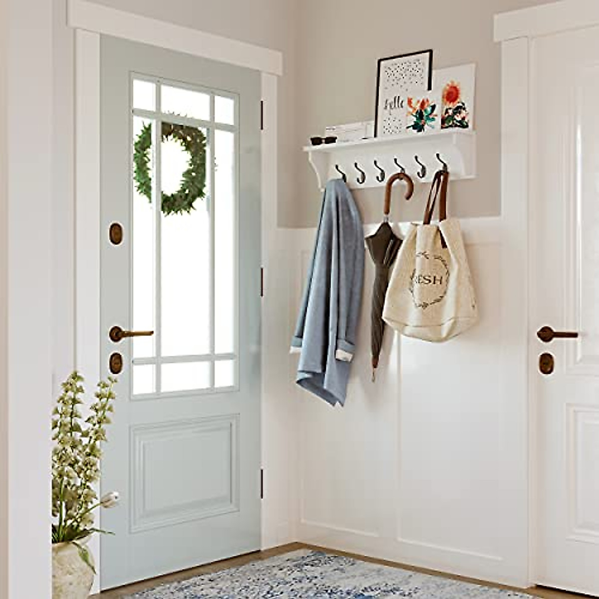 brightmaison Mante Entryway Organizer with Key Holder and Coat Rack, 6 Hooks for Hanging Face Masks, 30" Wood White