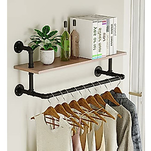 MAIKAILUN Wall Mounted Clothes Rack with Wood Shelf,36" Long Industrial Pipe Clothing Rack with Shelf Heavy Duty Iron Garment Rack Bar,Retail Display Clothes Rod for Clothes,Laundry Room,Black