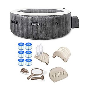 Intex 28439E Greywood Deluxe 4 Person Inflatable Spa Hot Tub with LED Light, Grey Bundled with Type S1 Pool Filter Cartridges, Attachable Cup Holder/Tray, and Inflatable Headrest