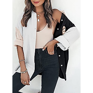 Dokotoo Women's Comfy Color Block Button-Up Shirt, Roll-Up Long Sleeve, Soft Oversized Boyfriend Top, Beach Cover, Black XL