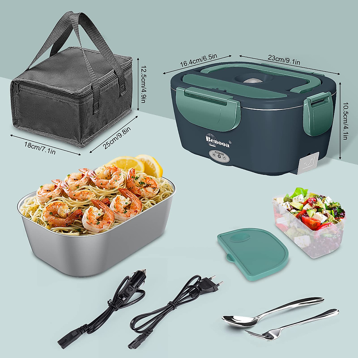 Benooa Electric Heating Lunch Box,3 in 1 Heated Lunch Box for Adults,60W 12/24/110V Leakproof Portable Food Warmer Heater for Car Truck Office Home With Sauce Box & Bag