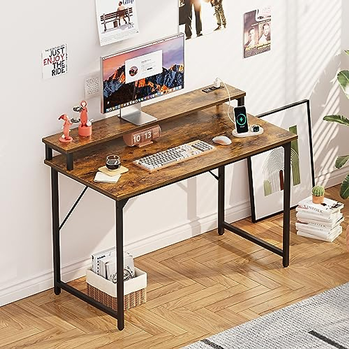 SUPERJARE 47 inch Computer Desk with LED Lights & Power Outlets, Home Office Desk with Monitor Shelf, Small Desk for Home & Office, Rustic Brown