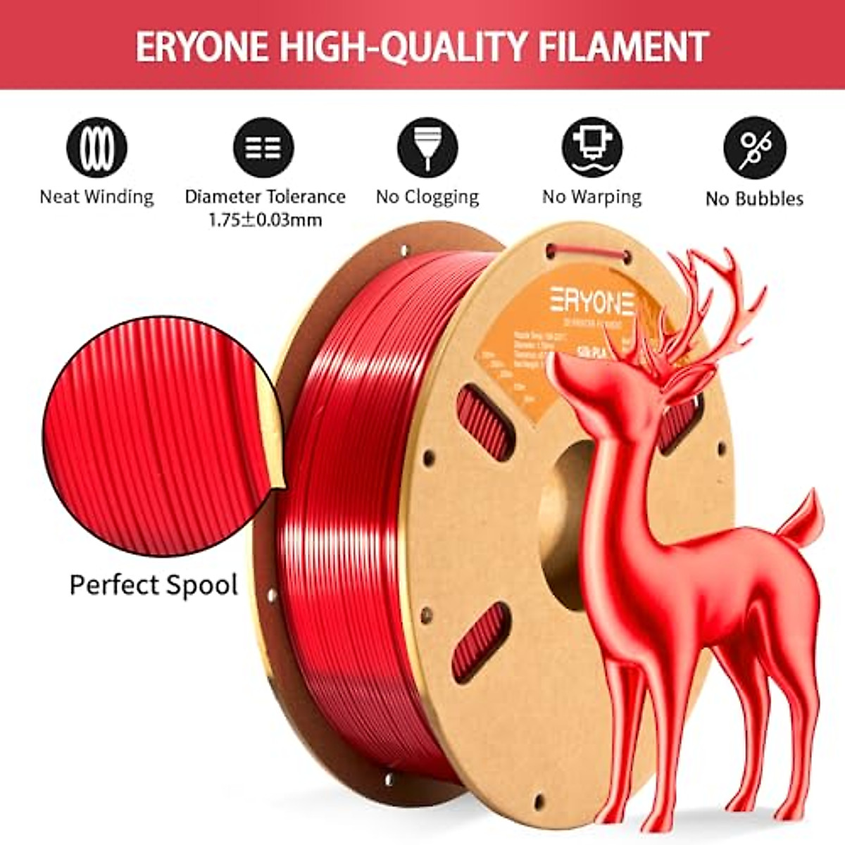 ERYONE Ultra Silk PLA Filament for 3D Printer, 1.75mm +/- 0.03mm, 1kg (2.2LBS)/Spool, Ultra Silk Red
